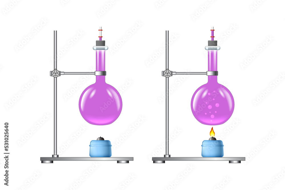 Tripods with laboratory flasks and a glass alcohol spirit burners. A ...