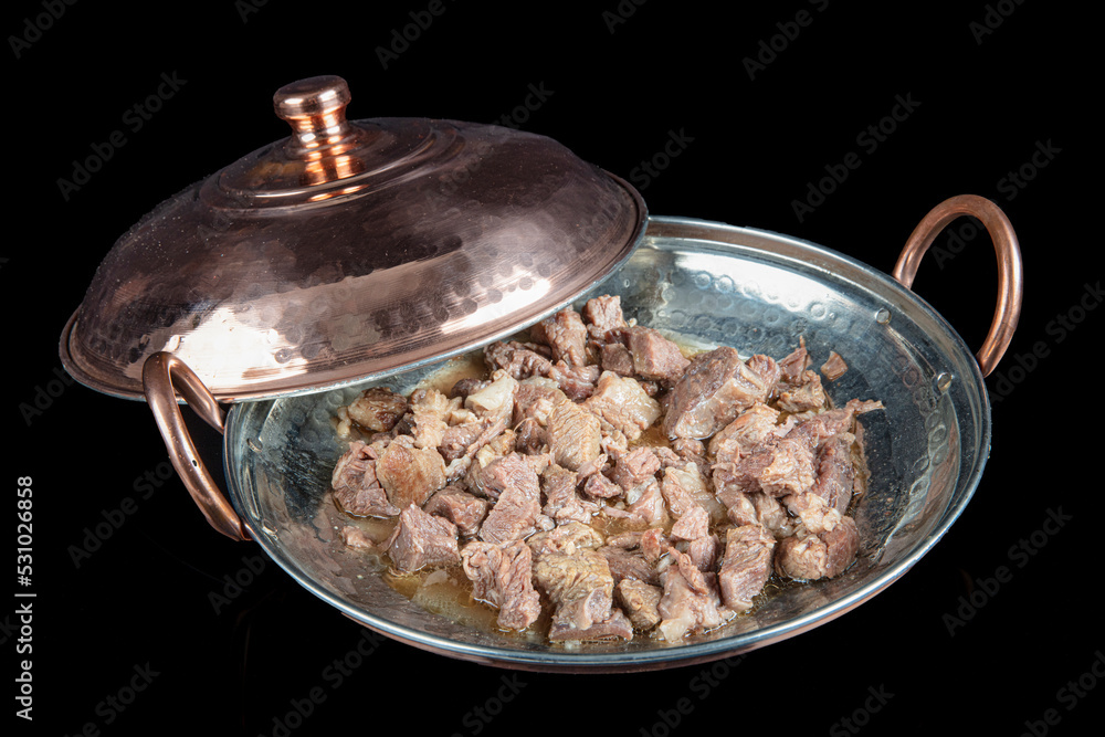 Turkish Food Et Kavurma. Meat Saute Turkish Et sote on black ground ...