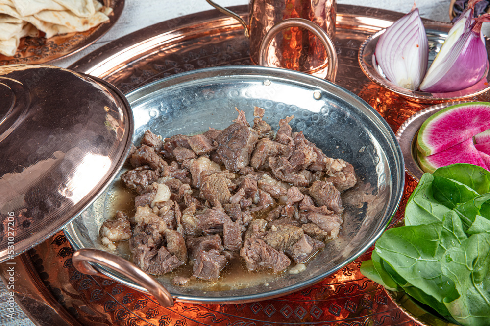 Turkish Food Et Kavurma. Meat Saute Turkish Et sote on black ground ...