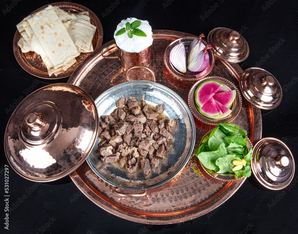 Turkish Food Et Kavurma. Meat Saute Turkish Et sote on black ground ...