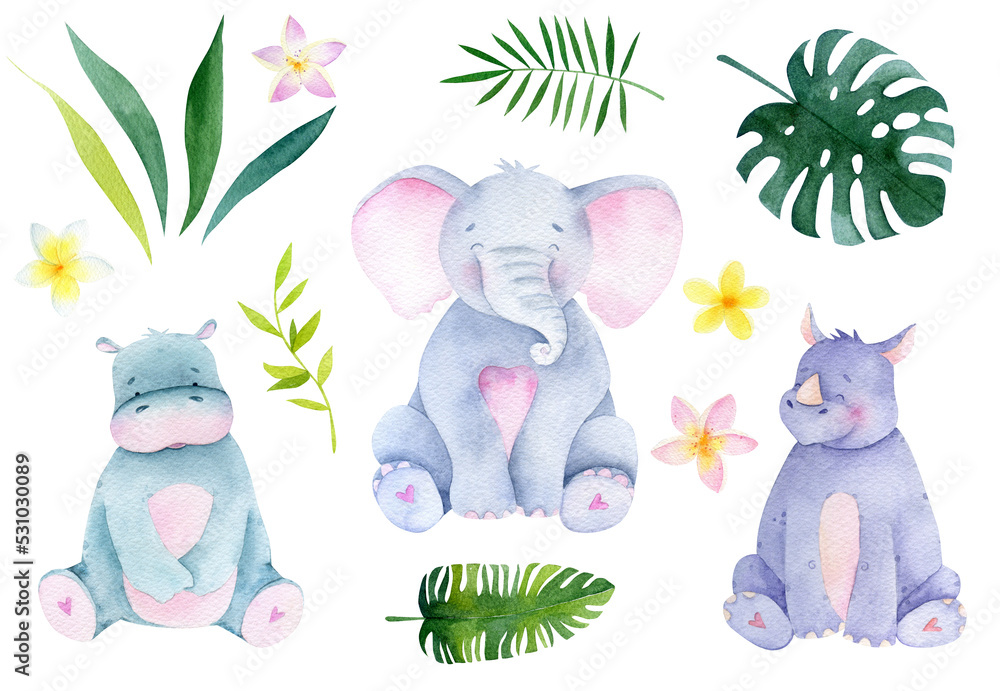 Watercolor baby animal jungle illustration, safari animals. Elephant ...