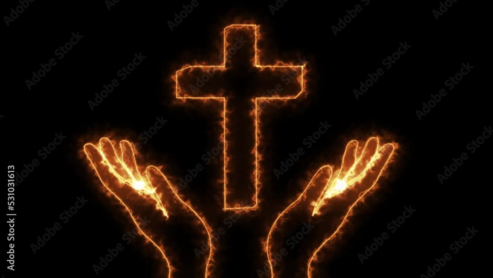 Animation of two hands and the cross of Jesus Christ with golden plasma ...