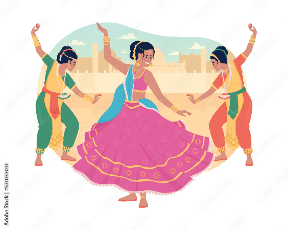 Folk dance tradition on Diwali 2D vector isolated illustration. Women ...