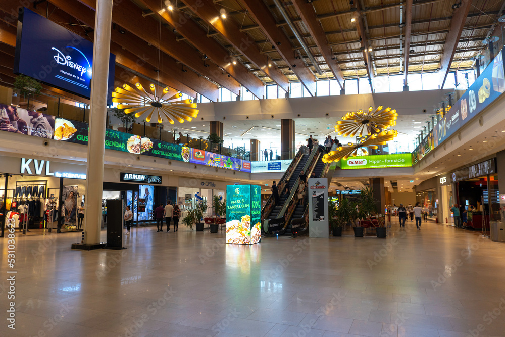 Inside Modern architecture of Iulius Shopping Mall in Timisoara Stock ...