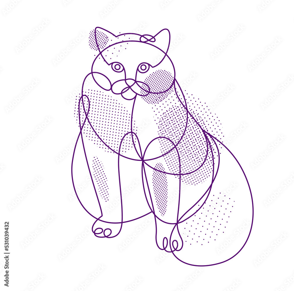 Fat and lazy cat line art vector illustration, linear drawing of ...