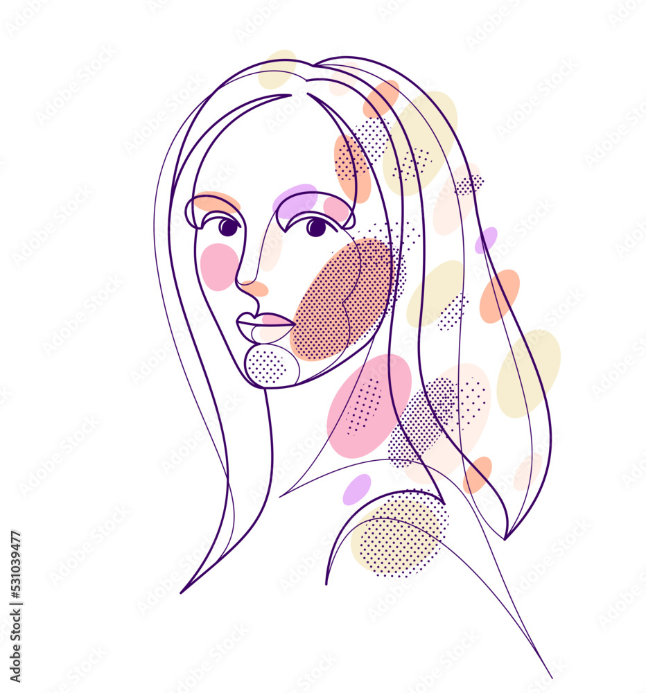 Beautiful face of attractive woman vector linear drawing, sensitive ...