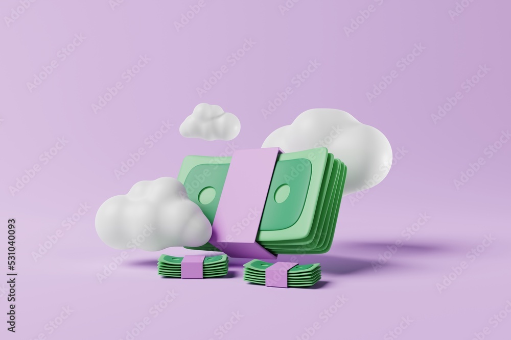 Bundle of green banknotes dollar bill with white cloud on purple ...