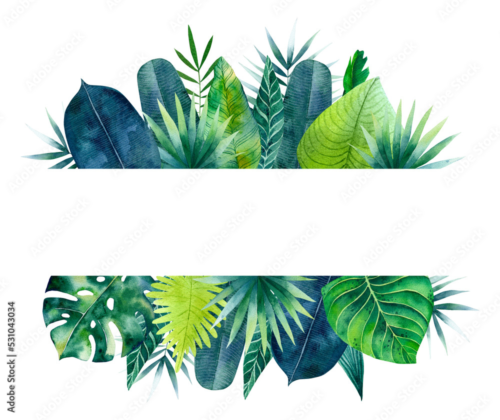 Watercolor frame, tropical flowers and leaves. Jungle flowers. Safari ...