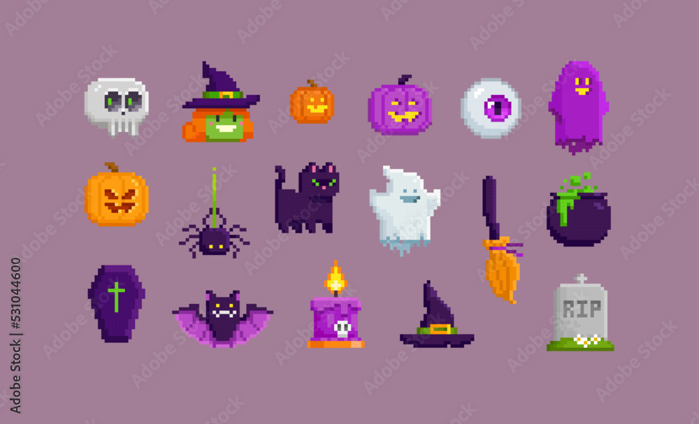 Pixel art set of Halloween objects icons. 8-bit game style Halloween ...