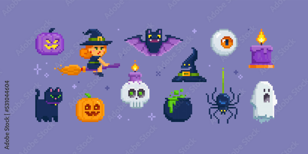 Vetor de Pixel art Happy halloween items set. Witch, ghost, night cat ...