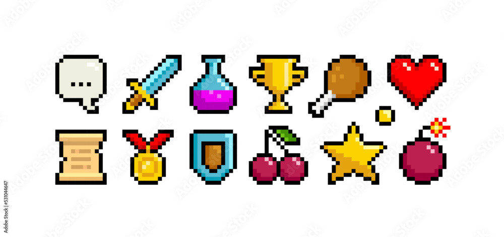 8-bt game pixel objects set - editable vector. Retro game loot icons in ...