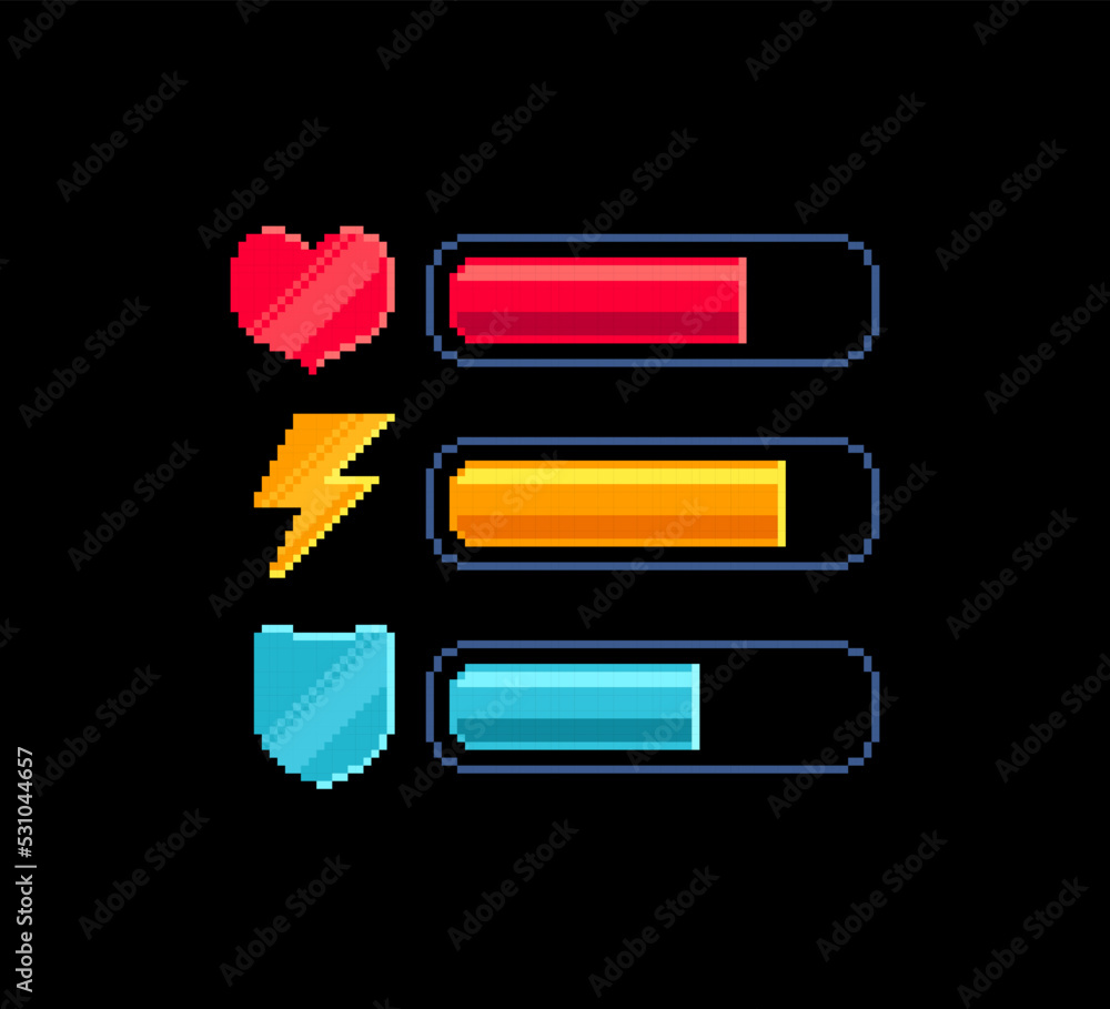 Pixel art Energy load scale icon set. Health and Battery charge bar ...