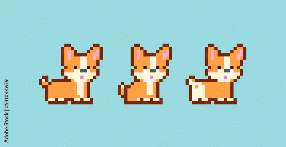 Pixel art Corgi puppy dog - editable vector. Corgi dog sit and stand ...