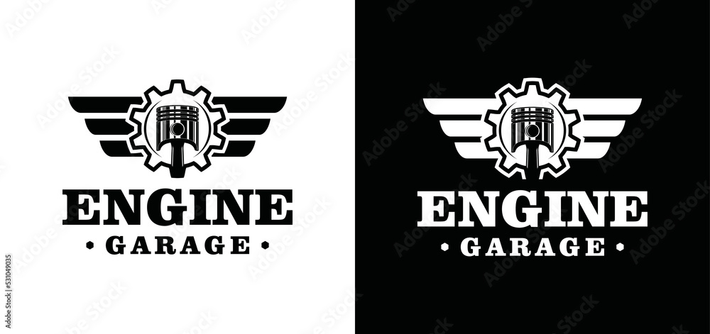 Car engine piston with gear and wings icon vector for engine garage ...
