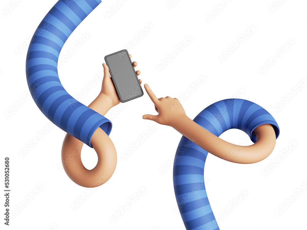 3d render, flexible cartoon character hands hold smart phone with blank ...