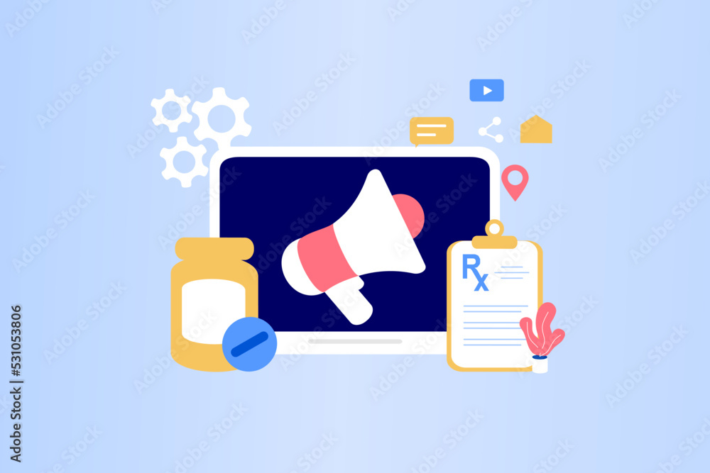 Pharmacy concept. Pharmaceutical representative with computer and ...