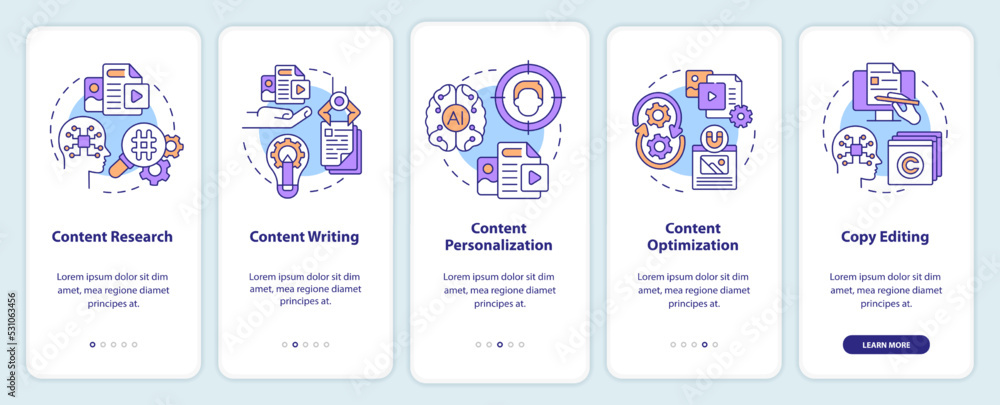 AI in content onboarding mobile app screen. Business online walkthrough ...