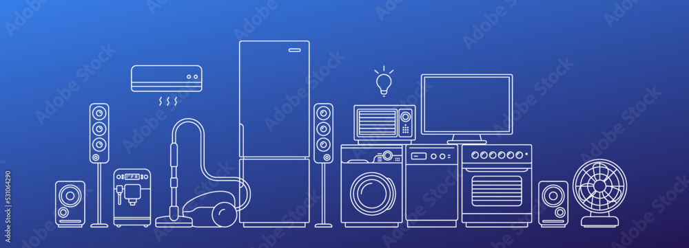 Vector illustration of different appliance on blue background. White ...