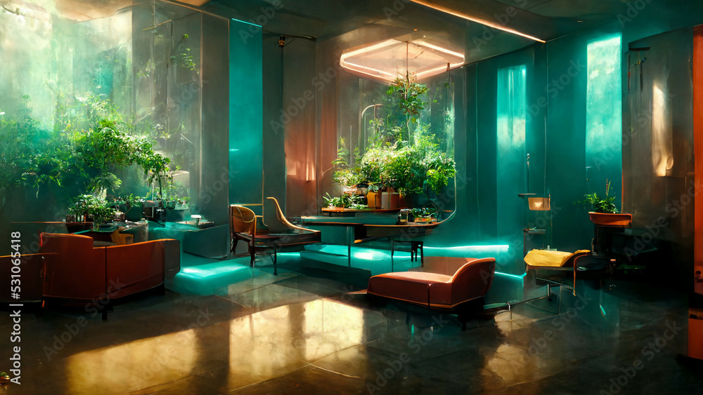 Science fiction interior with jewel-toned botanicals, dreamy color contrasts and neo-cyberpunk ...