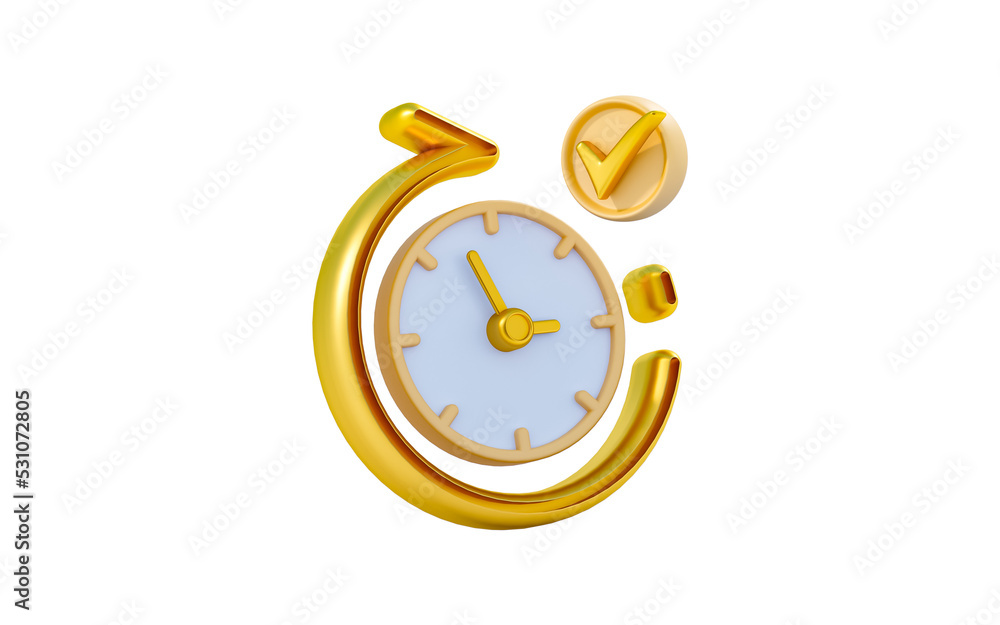 clock with rotation arrow check mark sign 3d render concept for time ...