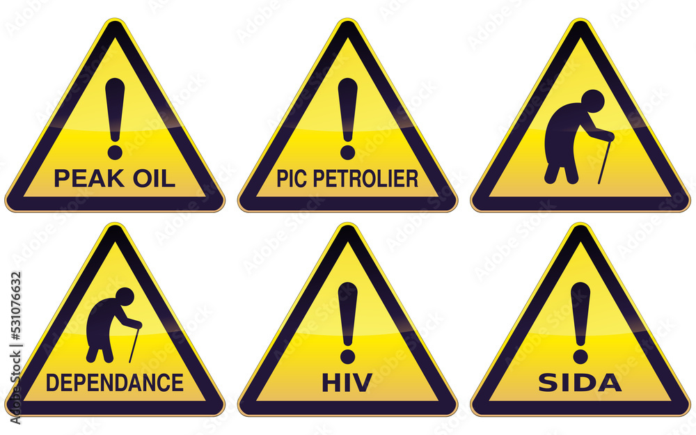 Collection of black and yellow triangular warning signs on old age ...