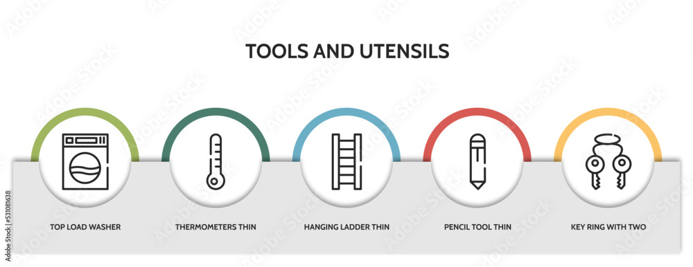 set of 5 thin line tools and utensils icons with infographic template. outline icons including ...