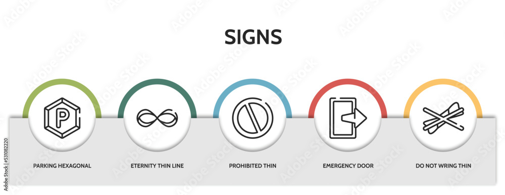 set of 5 thin line signs icons with infographic template. outline icons including parking ...