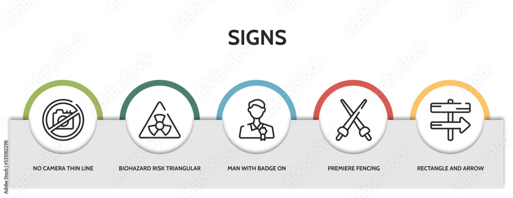 set of 5 thin line signs icons with infographic template. outline icons ...