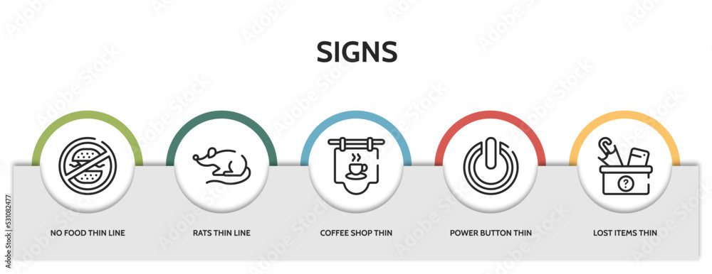 set of 5 thin line signs icons with infographic template. outline icons ...