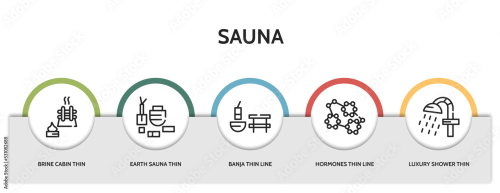 set of 5 thin line sauna icons with infographic template. outline icons ...