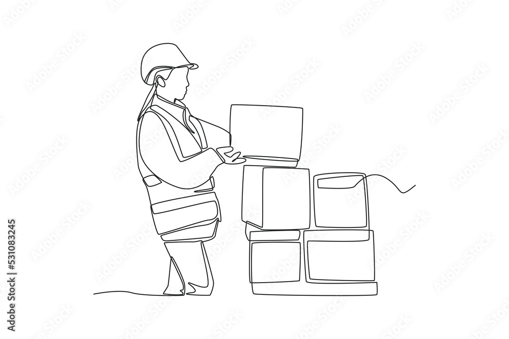 Continuous one line drawing female worker wearing safety suit arrange ...