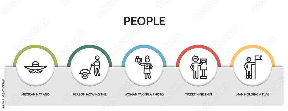 set of 5 thin line people icons with infographic template. outline ...