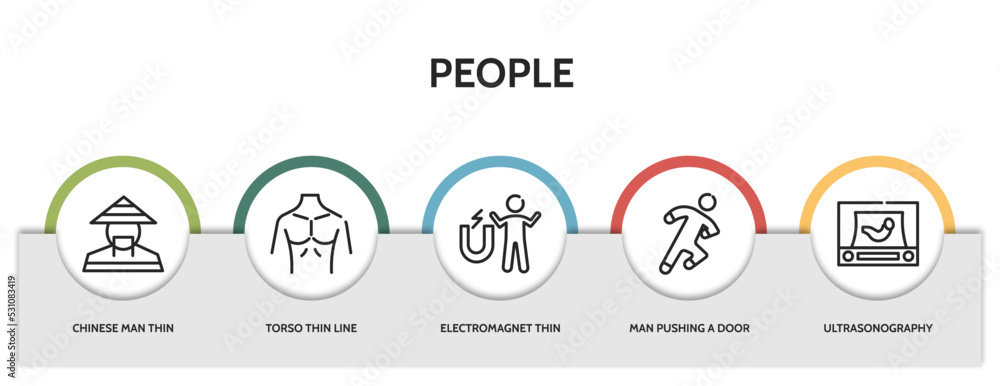 set of 5 thin line people icons with infographic template. outline ...