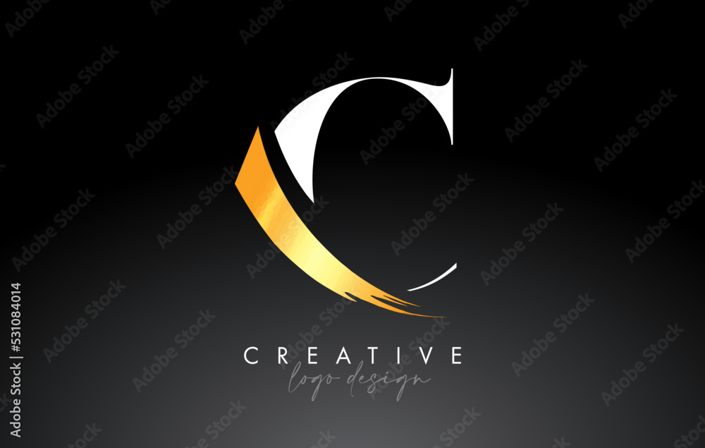 Golden Brush Letter C Logo Design with Creative Artistic Paint Brush ...