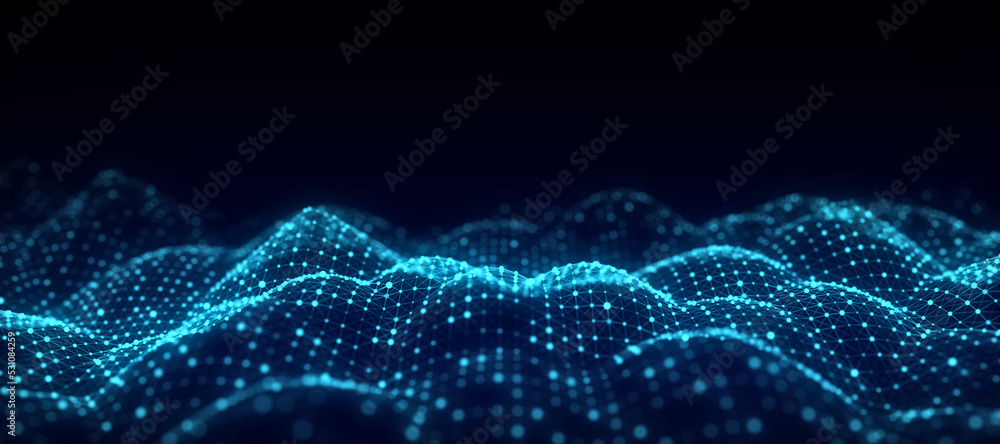 Blue wave of particles. Big data visualization. Abstract background ...