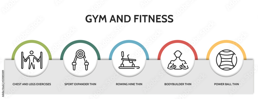 set of 5 thin line gym and fitness icons with infographic template ...