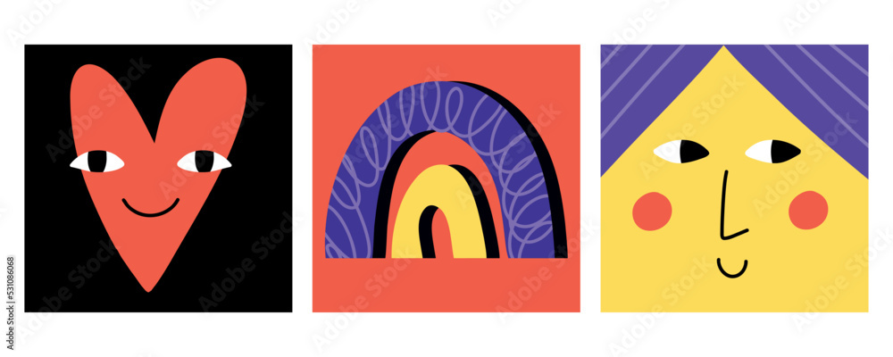 Abstract square faces. Funny cartoon characters with different emotions ...