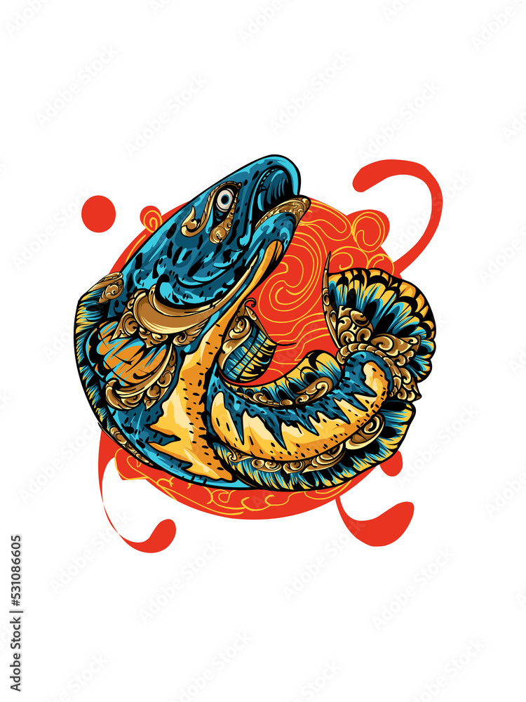 auranti type channa fish, snakefish, combination with Balinese carvings ...