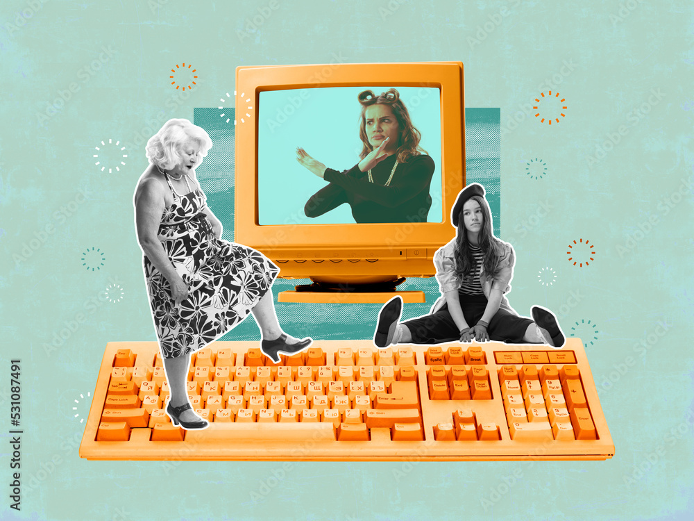 Conflict of generations. Contemporary art collage. Concept of retro ...