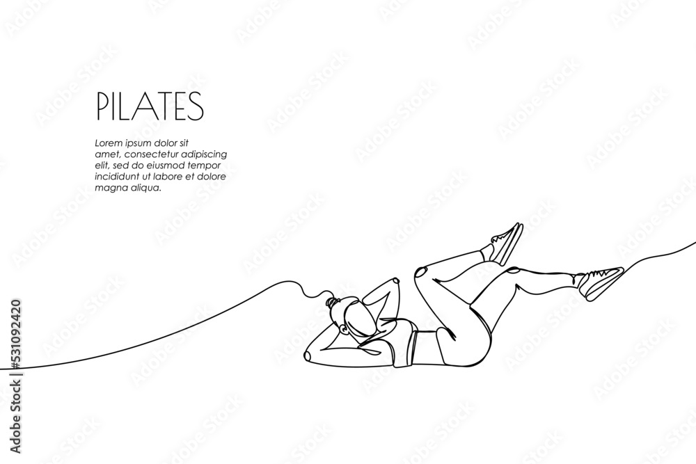 Web banner with woman doing abdominal exercise one line art. Continuous ...