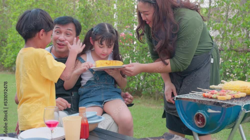 Vídeo do Stock: Mom grilling meat on a sweetcorn grill at a summer ...