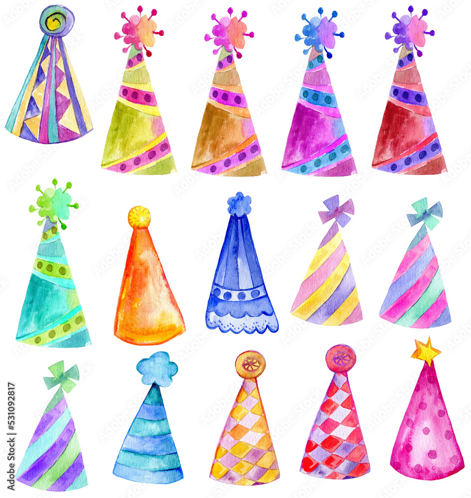 Set of colorful hand painted watercolor party hats, isolated objects ...