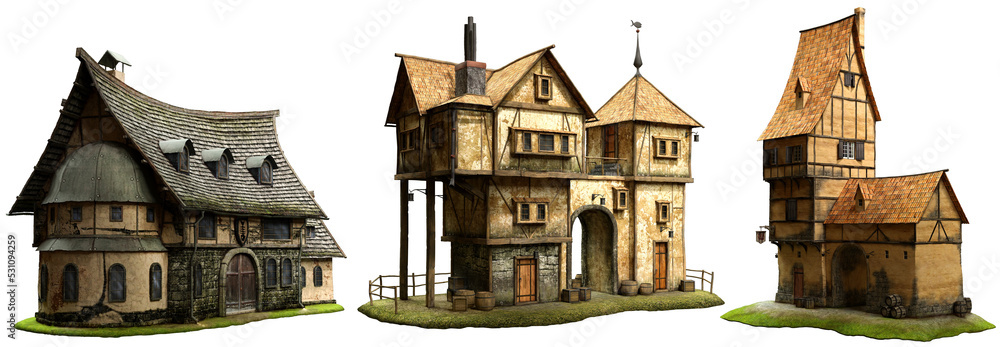 Three fantasy buildings 3D illustrations Stock Illustration | Adobe Stock