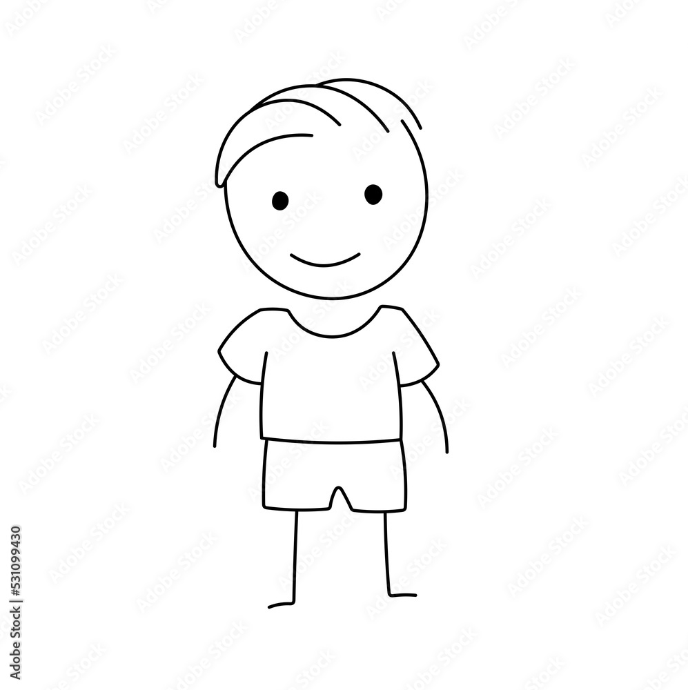 Vector isolated one stick figure kid little boy in t shirt and a shorts ...