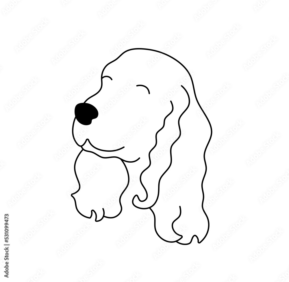 Vector isolated cute cartoon spaniel dog head portrait colorless black ...