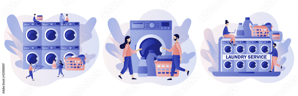 Laundry service. Tiny people laundry in washing machine. Laundromat ...