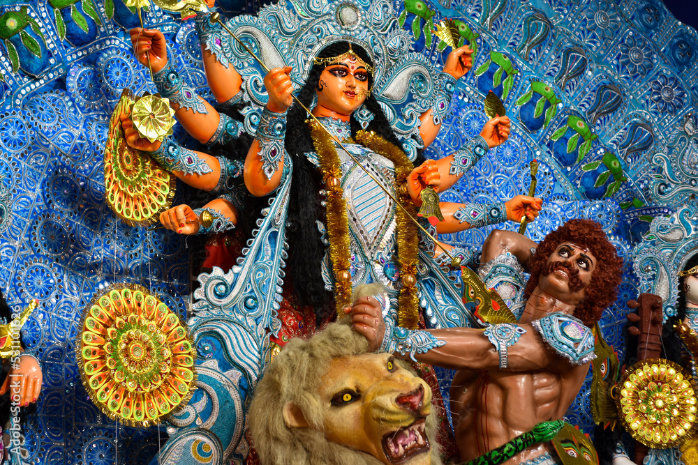 Goddess Durga idol at decorated Durga Puja pandal, durga idol of ...