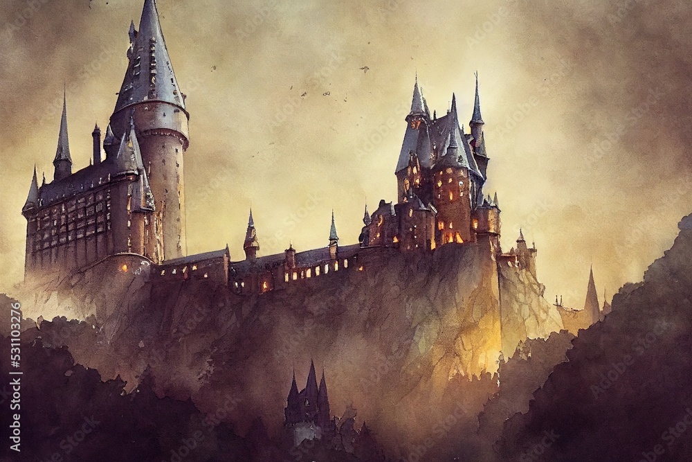Dark fantasy castle. Magician medieval city. With tall black tower ...