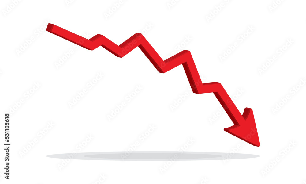 Red 3d arrow going down stock icon on white background. Bankruptcy ...