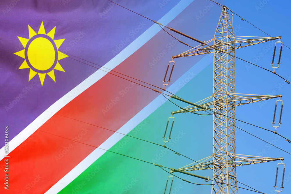 Namibia flag on electric pole background. Power shortage and increased ...